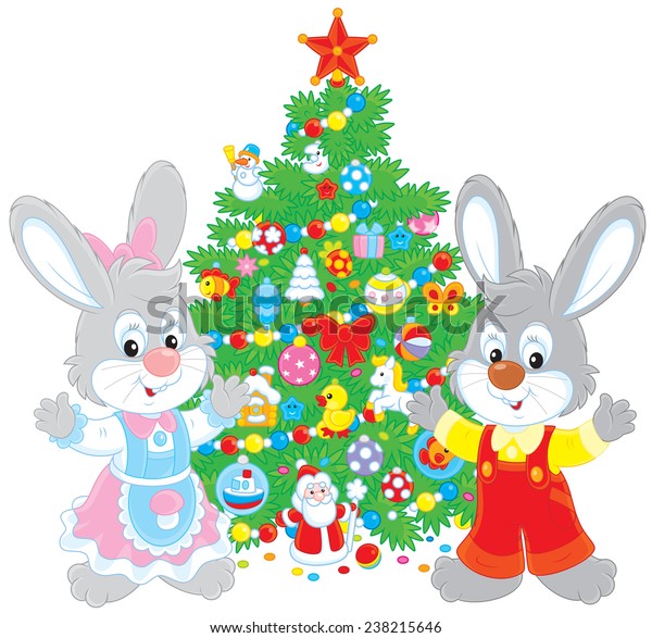 Little Rabbits Christmas Tree: vector de stock (libre de regalías ...