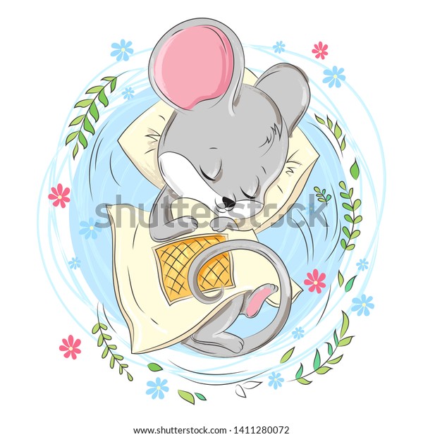 Little Sleeping Mouse Flowers Hand Drawn Stock Vector (Royalty Free ...