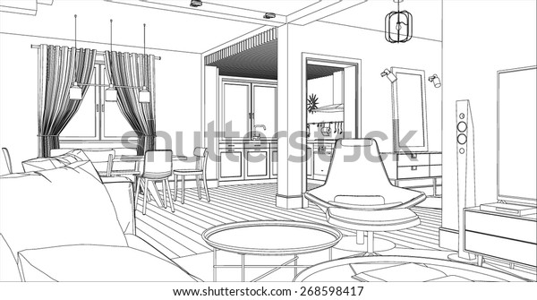 Living Room Interior Drawing Architectural Design Stock Vector (Royalty ...