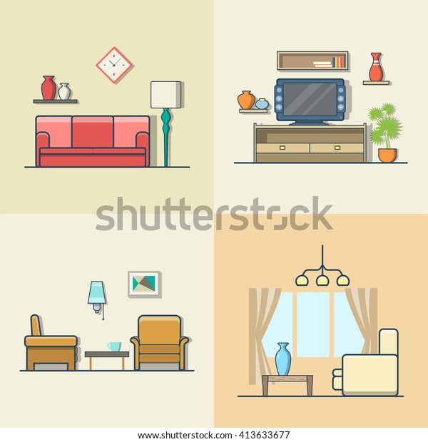 Living room interior indoor set. Linear colorful stroke outline flat ...
