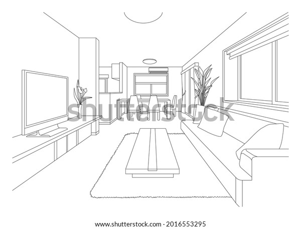 Living Room Line Drawing Vector Illustration Stock Vector (Royalty Free ...