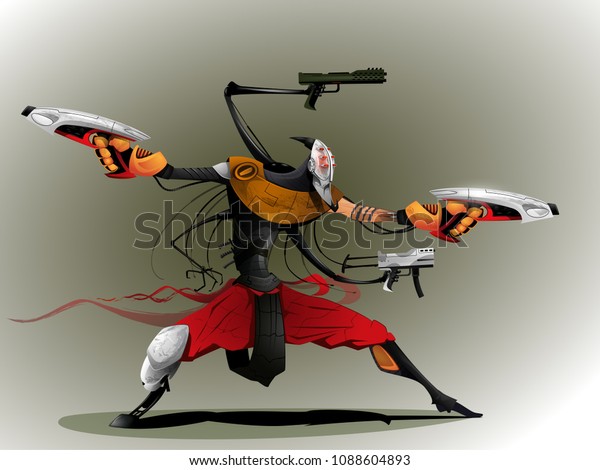Llustration Battle Cyborg Cartoon Vector Illustration: vetor stock ...