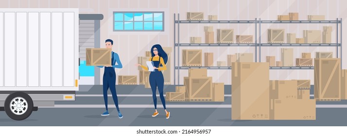 Loader Loads Box Into Truck Warehouse Stock Vector (Royalty Free ...