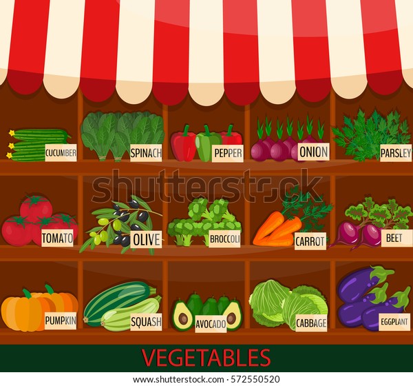 Local vegetable stall. Fresh organic food products shop on shelves ...