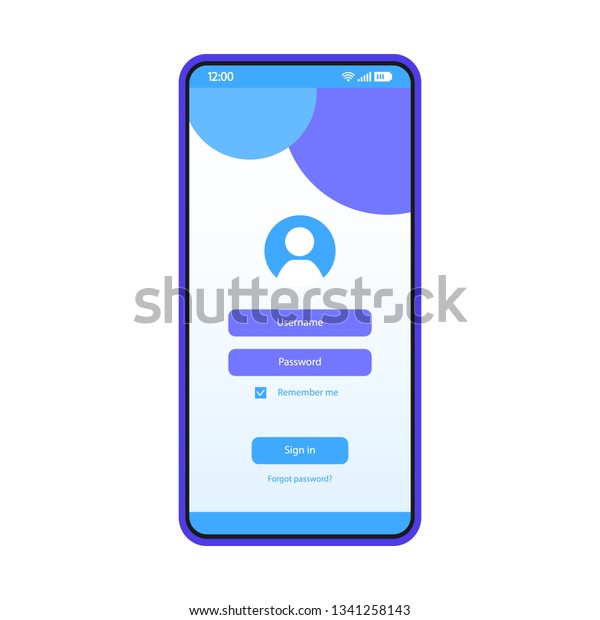 Login page smartphone interface vector template. Mobile app page blue design layout. Username ...