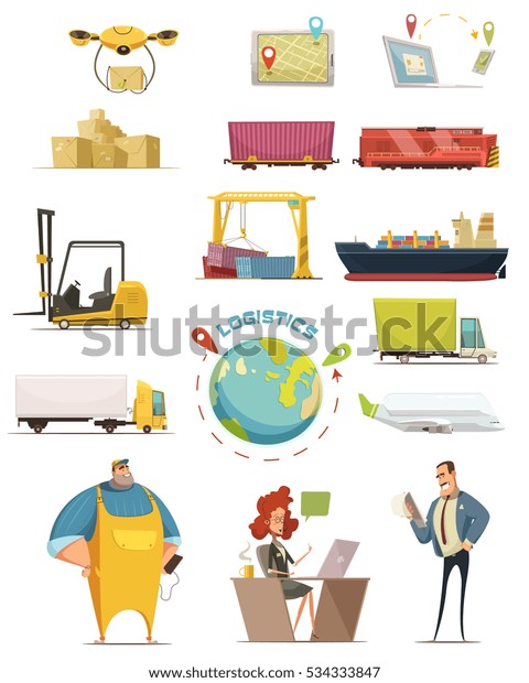 Logistics cartoon icons set with cargo symbols isolated vector illustration