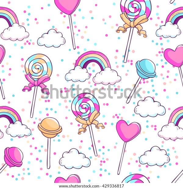 Lollipops Rainbow Clouds Confetti Sweet Candies Stock Vector (Royalty ...