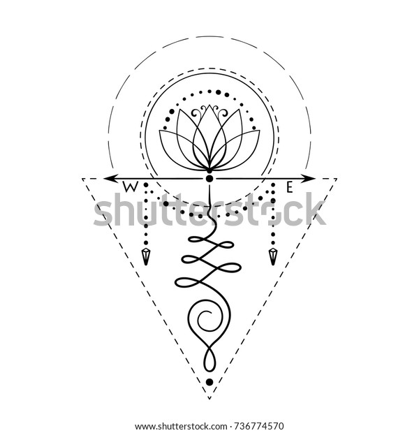 Lotus tattoo with compass arrows hand drawn isolated vector ornament ...