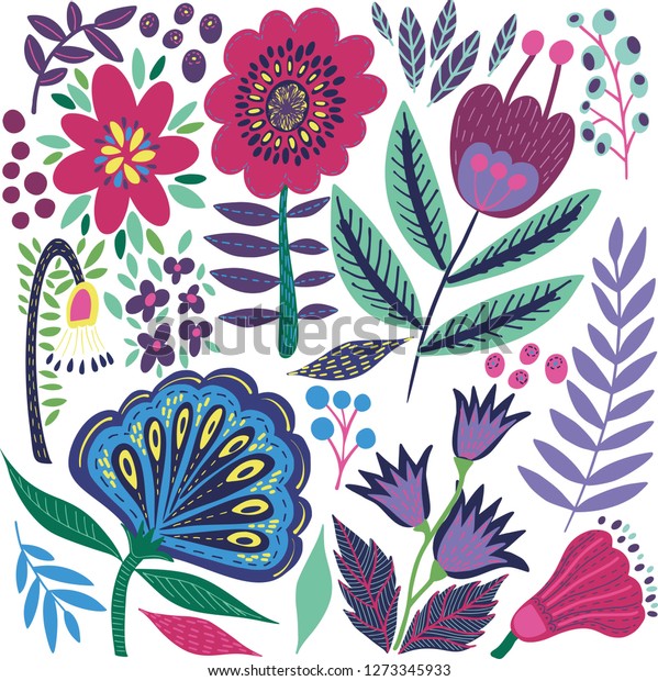 Lovely bright abstract rustic folk art herbal floral pattern of hand ...