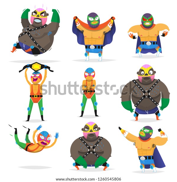 Lucha libre en diferentes posiciones. Ilustraciones de dibujos animados ...