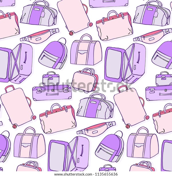 Luggage pattern. Baggage accessories: suitcase, bum bag, travel gear ...