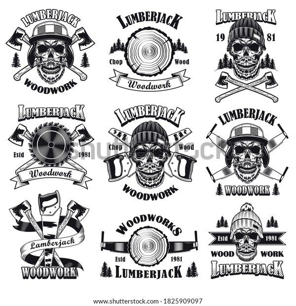 Lumberjack Emblems Set Monochrome Badges Skulls Stock Vector (Royalty ...