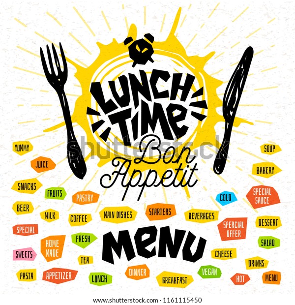 Lunch time, fork, knife, menu. Lettering, calligraphy, logo, sketch ...