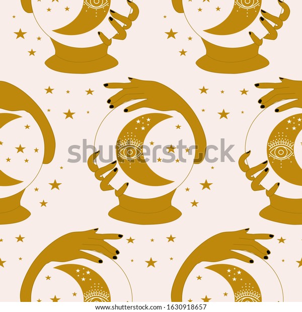 Magic Crystal Globe Celestials Seamless Pattern Stock Vector (Royalty ...