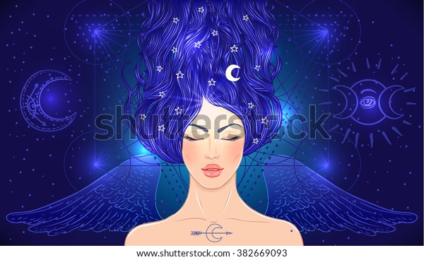 Magic Night Fairy Hand Drawn Portrait Stock Vector (Royalty Free) 382669093