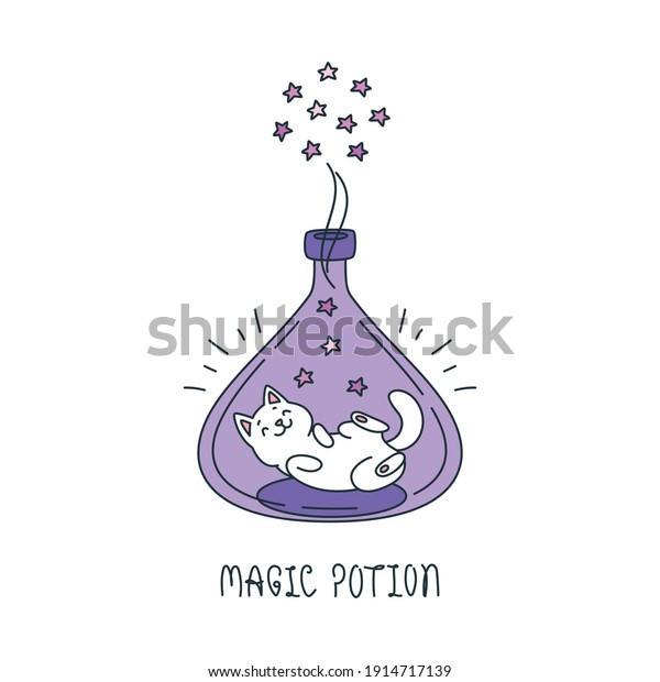 Magic Potion Illustration Cute White Cat: стоковая векторная графика ...