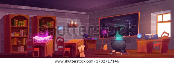 Magic school, classroom interior with wooden desks for pupils and ...