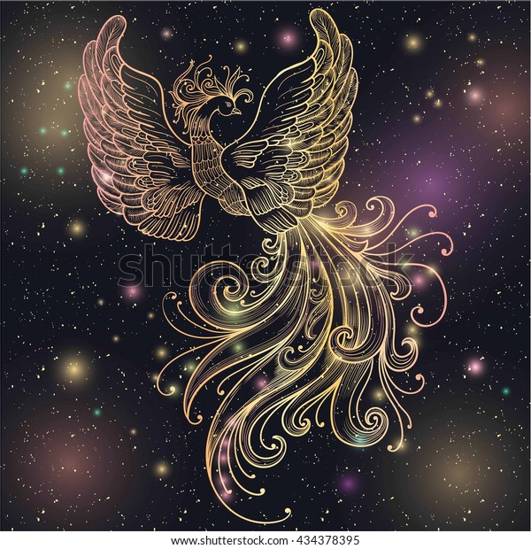 Magic space Firebird with stars vector clipart Gold glow and glitter ...