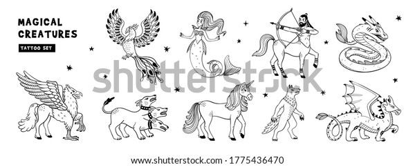 Magical Creatures Set Mythological Animals Doodle Stock Vector (Royalty ...