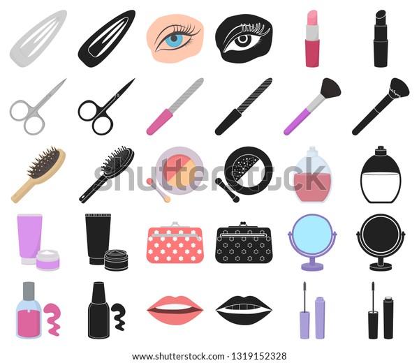 Makeup Cosmetics Cartoonblack Icons Set Collection Stock Vector ...