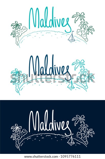 Maldives Set Lettering Linear Illustration Tropical Stock Vector ...