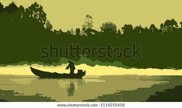 Man Boat Going Through River Forest Stock Vector (Royalty Free ...