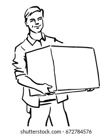 Man Carrying Box Smiling Vector Sketch 스톡 벡터(로열티 프리) 672784576 ...