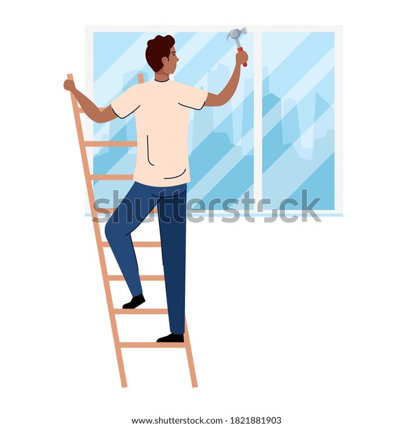 Man Cartoon Construction Hammer On Ladder Stock Vector (Royalty Free ...