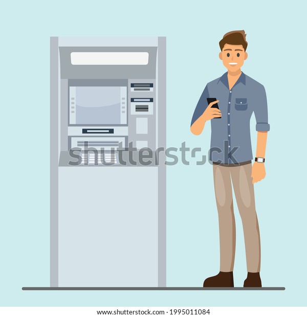 Man Customer Standing Near Atm Machine Stock Vector (Royalty Free ...