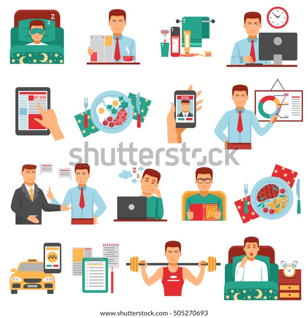 Man Daily Routine Icon Set Busy Stock Vector (Royalty Free) 505270693