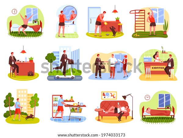 Man Daily Routine Waking Working Office Stock Vector (Royalty Free ...