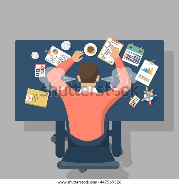 Man at desk, overwhelmed hard work. Stress at work. Fatigue at job ...