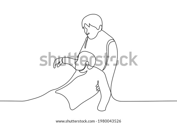 hombre arrastrando a otro hombre por los axilas - un dibujo de línea ...