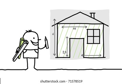 Man Drawing House Plan: เวกเตอร์สต็อก (ปลอดค่าลิขสิทธิ์) 71578519 ...