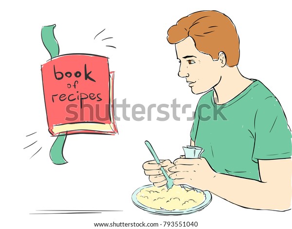 Man Eating Book Recipes Vector Background Stock Vector (Royalty Free ...