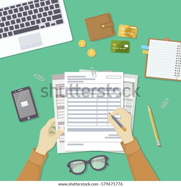 Man Filling Documents Mens Hands Hold Stock Vector (Royalty Free ...