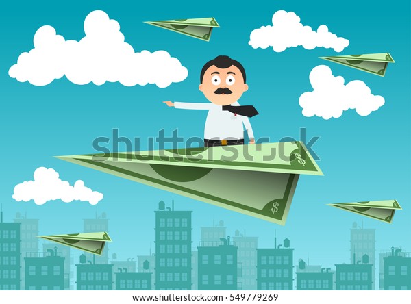um homem está voando em um avião feito de dinheiro contra o céu, cidade ...