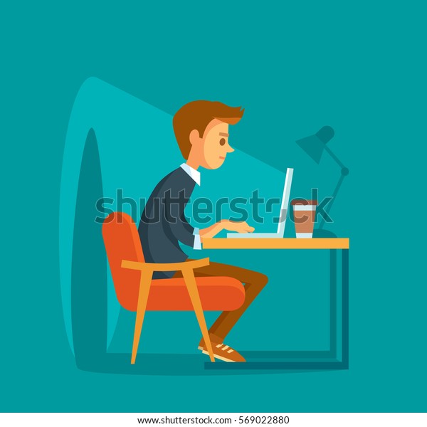 Man Freelancer Working Telecommuting Laptop Siting Stock Vector ...