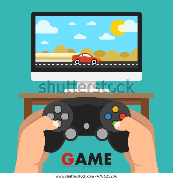Man holding in hands gamepad and playing videogame. Vector flat ...