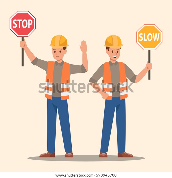 Man Holding Stop Sign Slow Sign Stock Vector (Royalty Free) 598945700