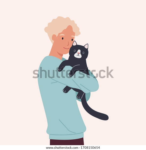 Man Hugging His Cute Black Cat Stock Vector (Royalty Free) 1708150654 ...