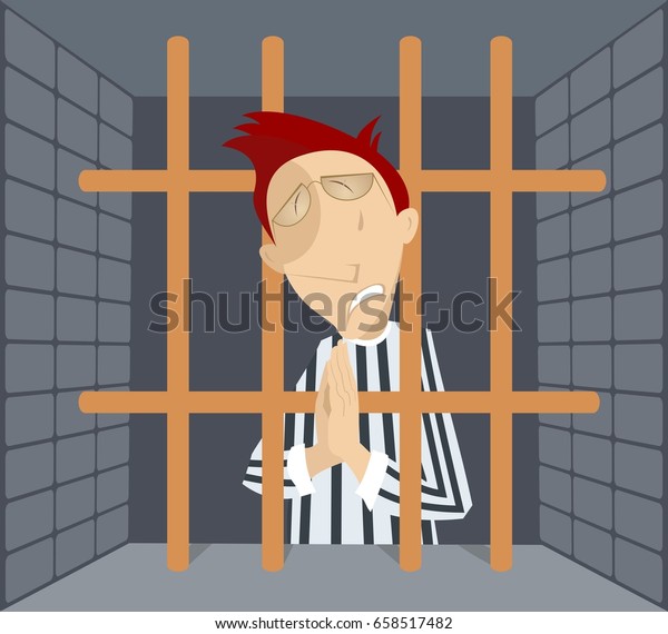 Man Jail Cartoon Crying Prisoner Behind 스톡 벡터(로열티 프리) 658517482