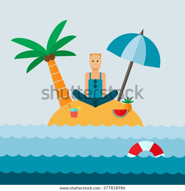 Man On Island Flat Design Vector Stock Vector (Royalty Free) 377858986