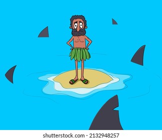 Man On Island Surrounded By Sharks Stock Vector (Royalty Free ...