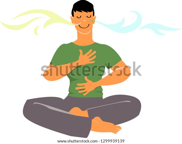 Man practicing breathing exercises, EPS 8 vector cartoon