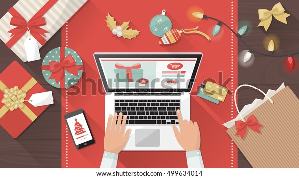 Man Purchasing Christmas Gifts Online Using Stock Vector (Royalty Free ...