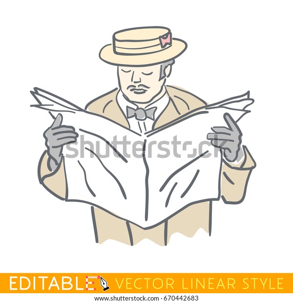 Man Reading Newspaper Editable Line Sketch Stock Vector (Royalty Free ...