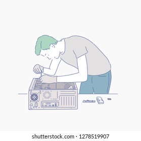 Man Repairing Computer Hand Drawn Style Stock Vector (Royalty Free ...