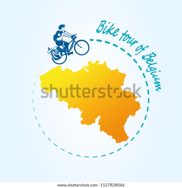 Man riding bicycle around of Belgium. Travel the world by bike. Map of ...