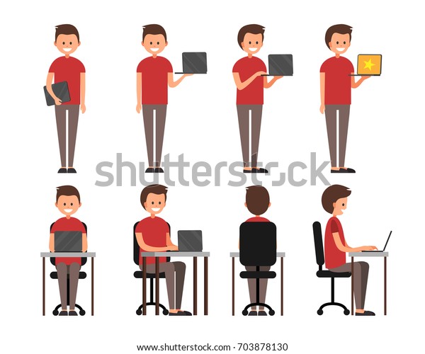 Man sitting at his desk and working on laptop, standing man with laptop ...